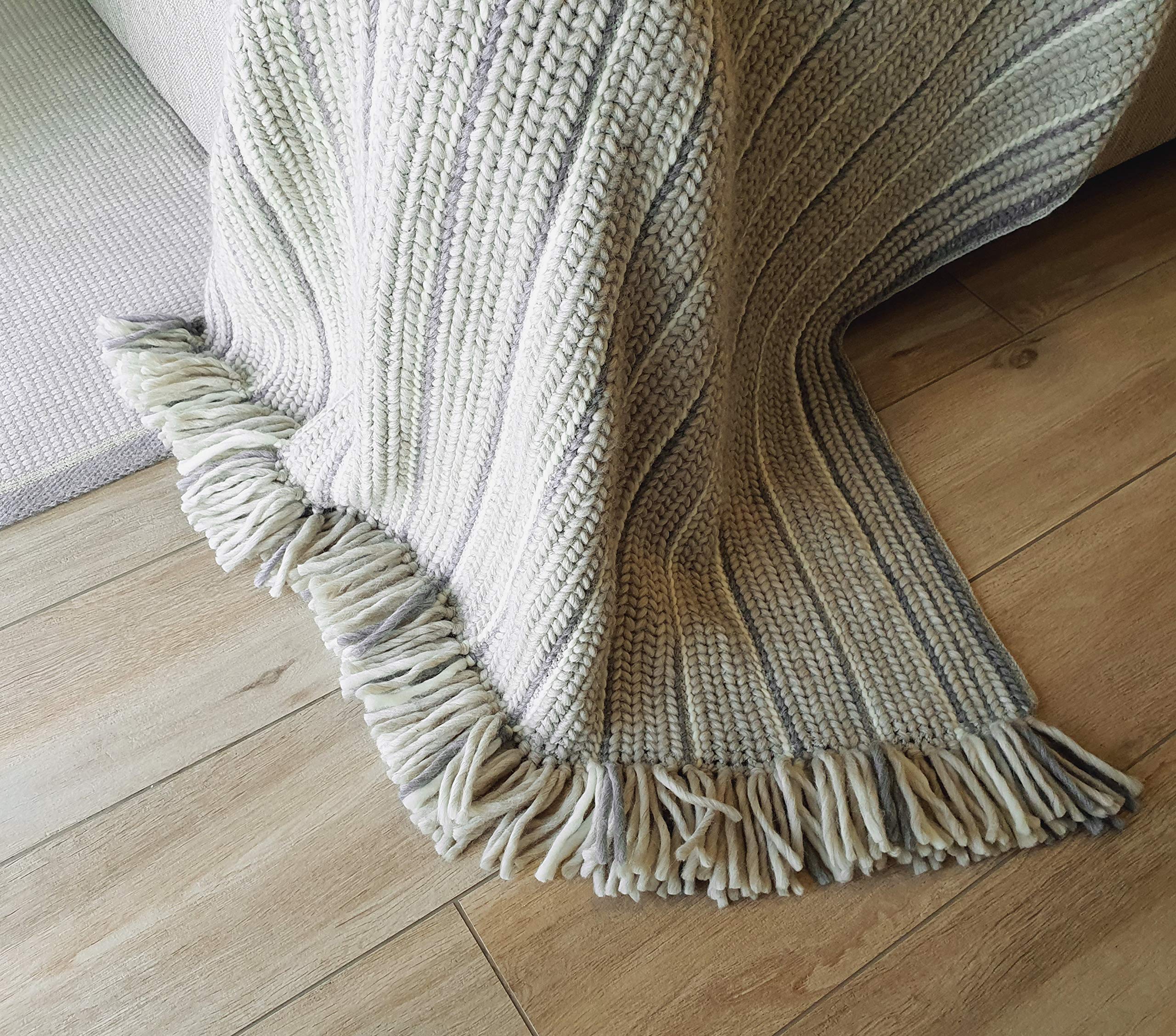 Crochet wool Blanket Gray Beige Warm throw blanket merino Knit Handmade Throw, 43x63 inches