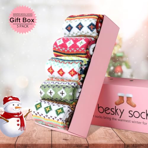 besky 5 Pairs Winter Wool Socks Women, Knit Thick Wool Soft Warm and Breathable Cozy Socks for Womens, Mountain Climbing, Skiing - Christmas Gifts