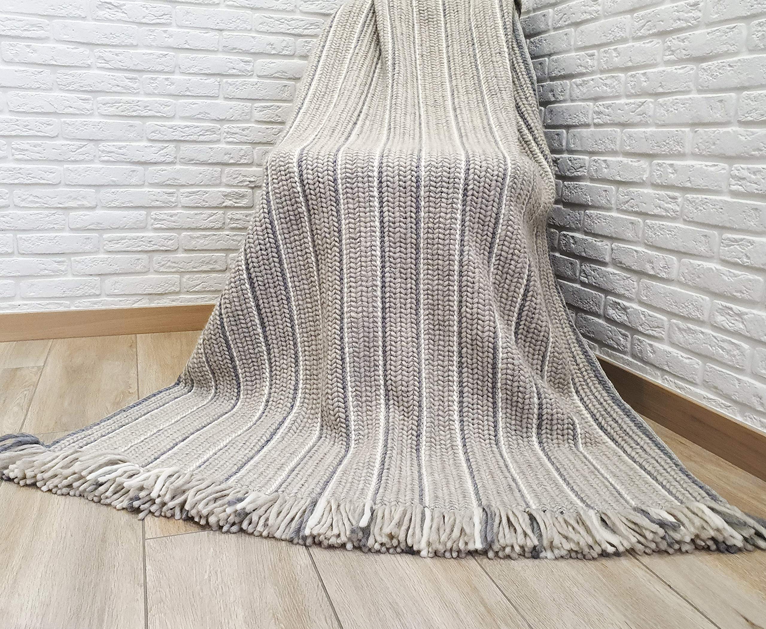 Crochet wool Blanket Gray Beige Warm throw blanket merino Knit Handmade Throw, 43x63 inches