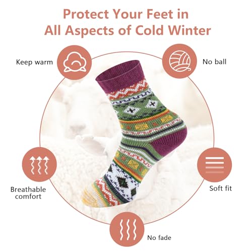 besky 5 Pairs Winter Wool Socks Women, Knit Thick Wool Soft Warm and Breathable Cozy Socks for Womens, Mountain Climbing, Skiing - Christmas Gifts