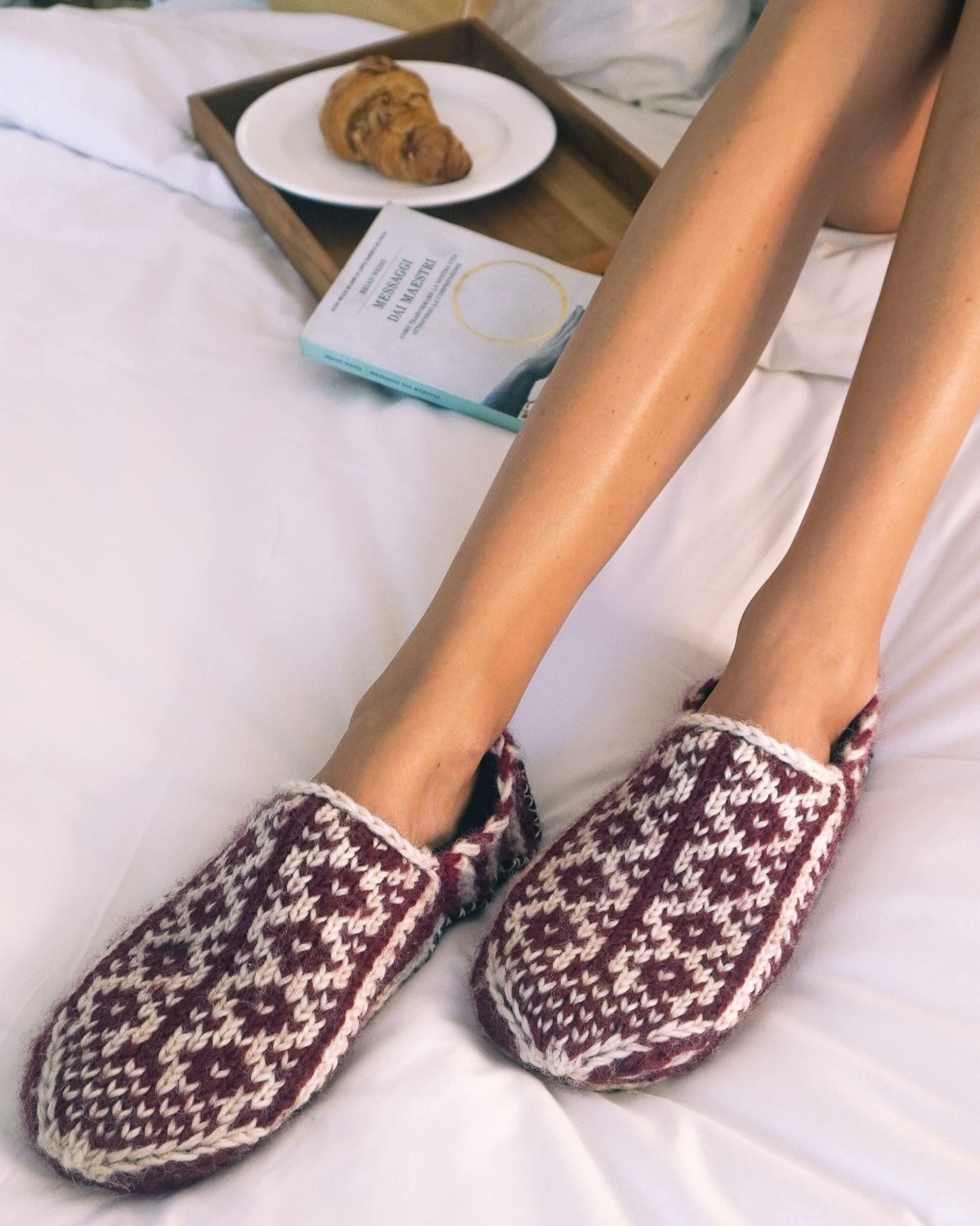 Red Hand Knit Wool Fleece Lined Tibetan Slipper Socks Small