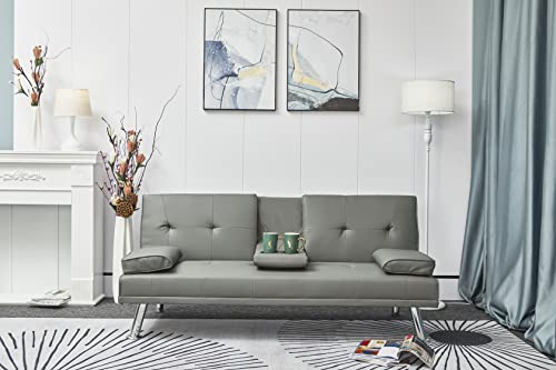 Eafurn Faxu Leather Convertible Sofa Bed with Cup Holders,Folding Futon Couch Recliner Sleeper Loveseat Reversible Daybed, Button Tufted Sofabed with Removable Pillow Top Armrests, Grey 67"
