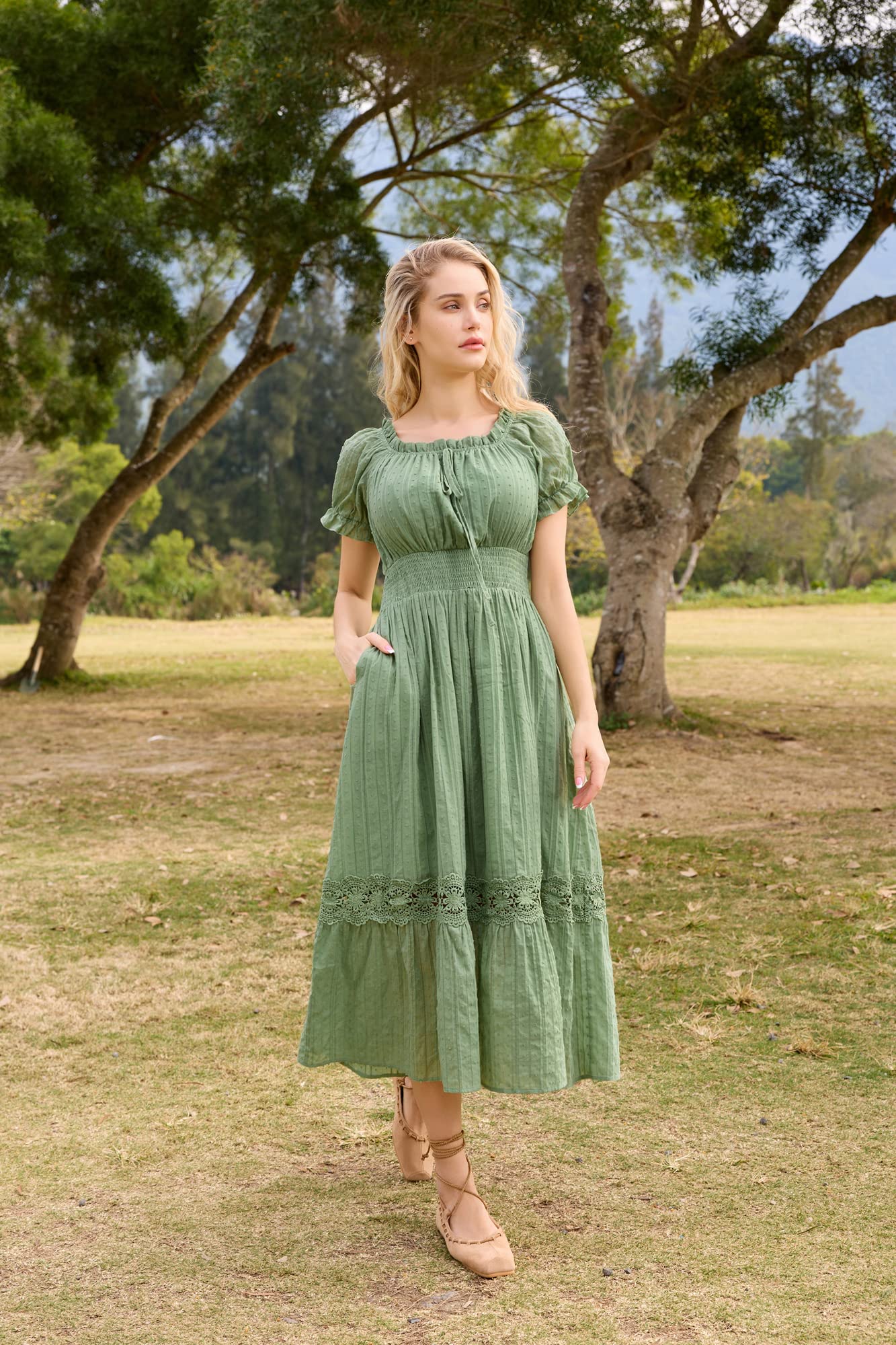 Renaissance Dress for Women Medieval Midi Length Vintage Dresses Light Green L