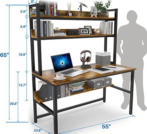 Aquzee Computer Desk with Hutch & Bookshelf, Home Office Desk with Space Saving Design, Metal Legs Industrial Table with Upper Storage Shelves for Study Writing/Workstation, 47 Inches Rustic