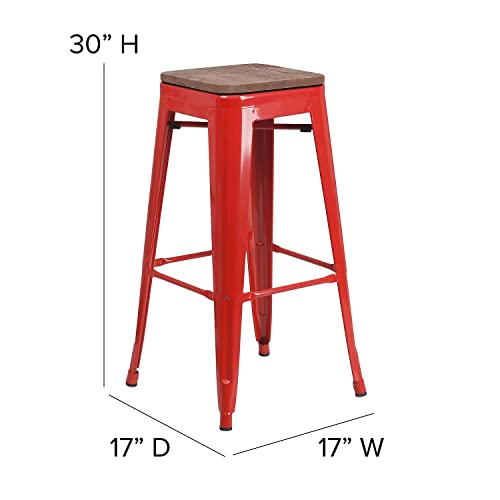 Flash Furniture Lily 4 Pk. 30" High Backless Red Metal Barstool with Square Wood Seat