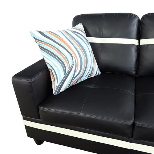 HOMVET PU L-Shaped Sofa Set with Right Chaise, Storage Ottoman,3 Piece Vegan Leather Sectional with 2 Toss Pillows,Square Arms,for Living Room/Apartment/Office,Black & White