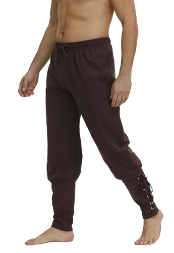 Men's Ankle Banded Cuff Renaissance Pants Medieval Viking Navigator Trousers Pirate Cosplay Costume with Drawstrings Brown-M