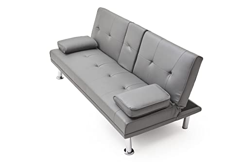Eafurn Faxu Leather Convertible Sofa Bed with Cup Holders,Folding Futon Couch Recliner Sleeper Loveseat Reversible Daybed, Button Tufted Sofabed with Removable Pillow Top Armrests, Grey 67"