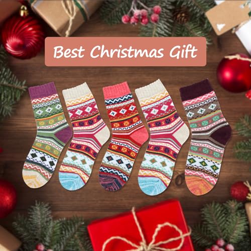 besky 5 Pairs Winter Wool Socks Women, Knit Thick Wool Soft Warm and Breathable Cozy Socks for Womens, Mountain Climbing, Skiing - Christmas Gifts