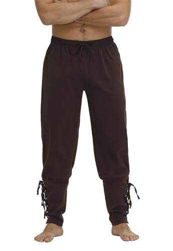 Men's Ankle Banded Cuff Renaissance Pants Medieval Viking Navigator Trousers Pirate Cosplay Costume with Drawstrings Brown-M