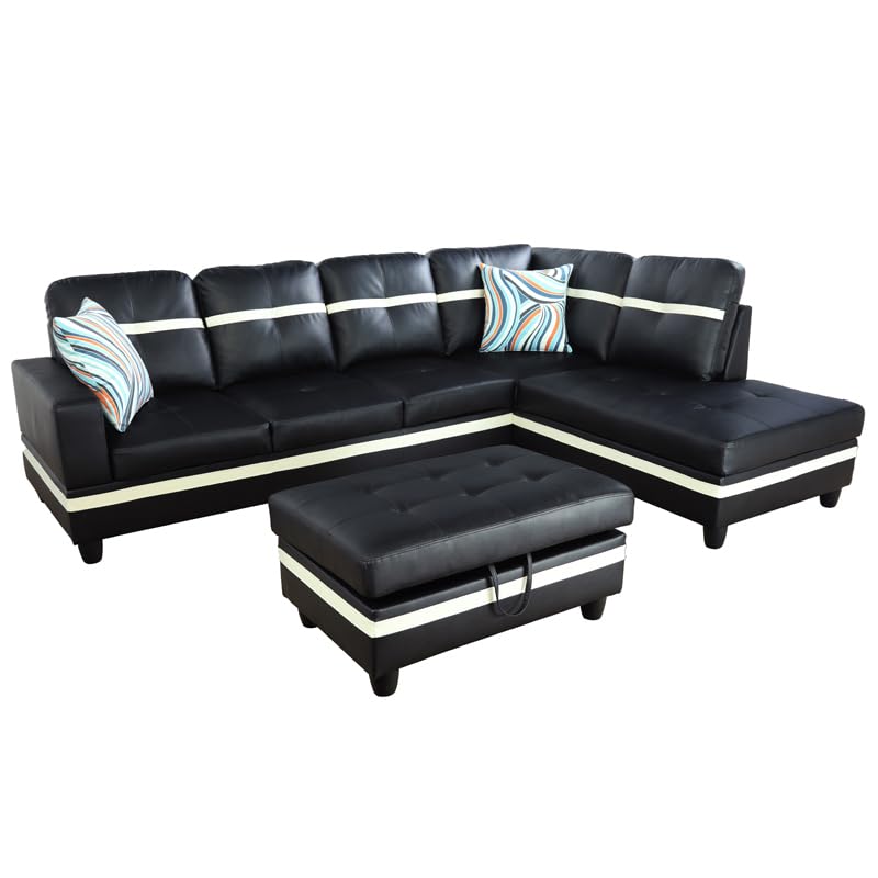 HOMVET PU L-Shaped Sofa Set with Right Chaise, Storage Ottoman,3 Piece Vegan Leather Sectional with 2 Toss Pillows,Square Arms,for Living Room/Apartment/Office,Black & White