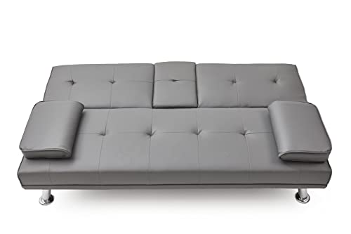 Eafurn Faxu Leather Convertible Sofa Bed with Cup Holders,Folding Futon Couch Recliner Sleeper Loveseat Reversible Daybed, Button Tufted Sofabed with Removable Pillow Top Armrests, Grey 67"