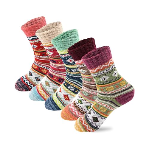 besky 5 Pairs Winter Wool Socks Women, Knit Thick Wool Soft Warm and Breathable Cozy Socks for Womens, Mountain Climbing, Skiing - Christmas Gifts