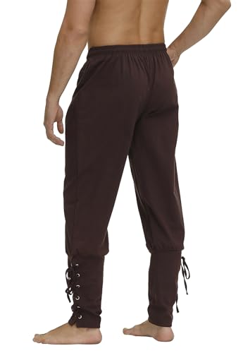 Men's Ankle Banded Cuff Renaissance Pants Medieval Viking Navigator Trousers Pirate Cosplay Costume with Drawstrings Brown-M