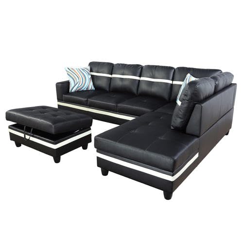 HOMVET PU L-Shaped Sofa Set with Right Chaise, Storage Ottoman,3 Piece Vegan Leather Sectional with 2 Toss Pillows,Square Arms,for Living Room/Apartment/Office,Black & White