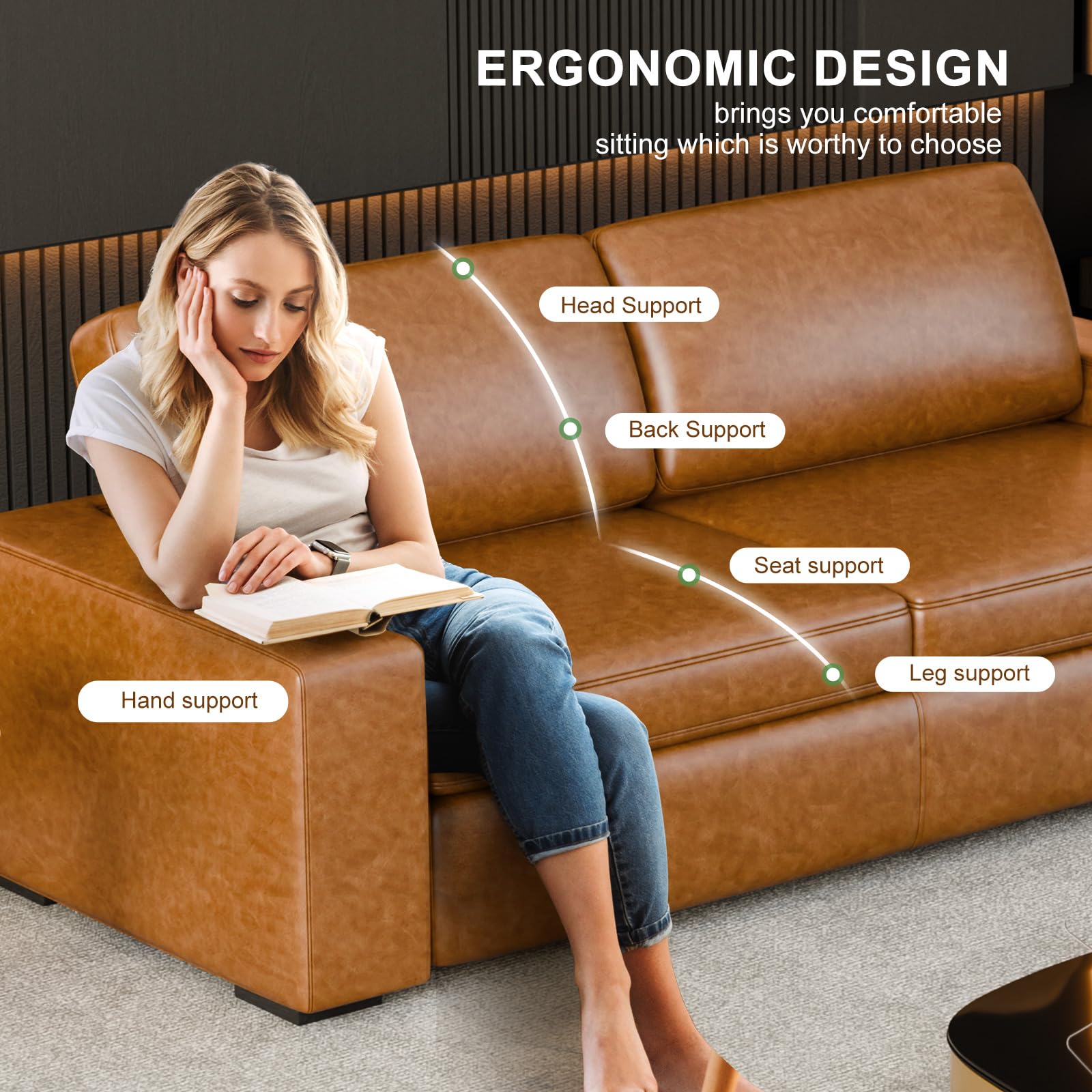 ELUCHANG 85" Faux Leather Sofa Couches, 3 Seater Mid-Century Modern Sofa with Extra Deep Seats,Upholstered Sofa Cushion&Removable Cover,Comfy Sofa Couch for Small Space Living Room Apartment,Brown