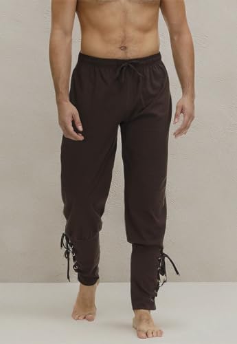 Men's Ankle Banded Cuff Renaissance Pants Medieval Viking Navigator Trousers Pirate Cosplay Costume with Drawstrings Brown-M