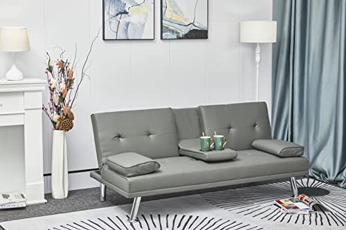 Eafurn Faxu Leather Convertible Sofa Bed with Cup Holders,Folding Futon Couch Recliner Sleeper Loveseat Reversible Daybed, Button Tufted Sofabed with Removable Pillow Top Armrests, Grey 67"