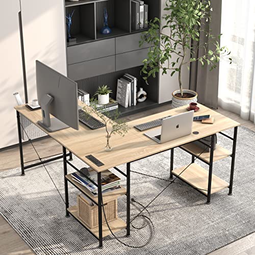 Tbfit L Shaped Desk with Storage Shelves,95.2 Inch Reversible Coner, Office Desk for Small Space,Large Computer Gaming Desk Workstation with Power Outlet,2 Person Long Writing Study Table(Oak)