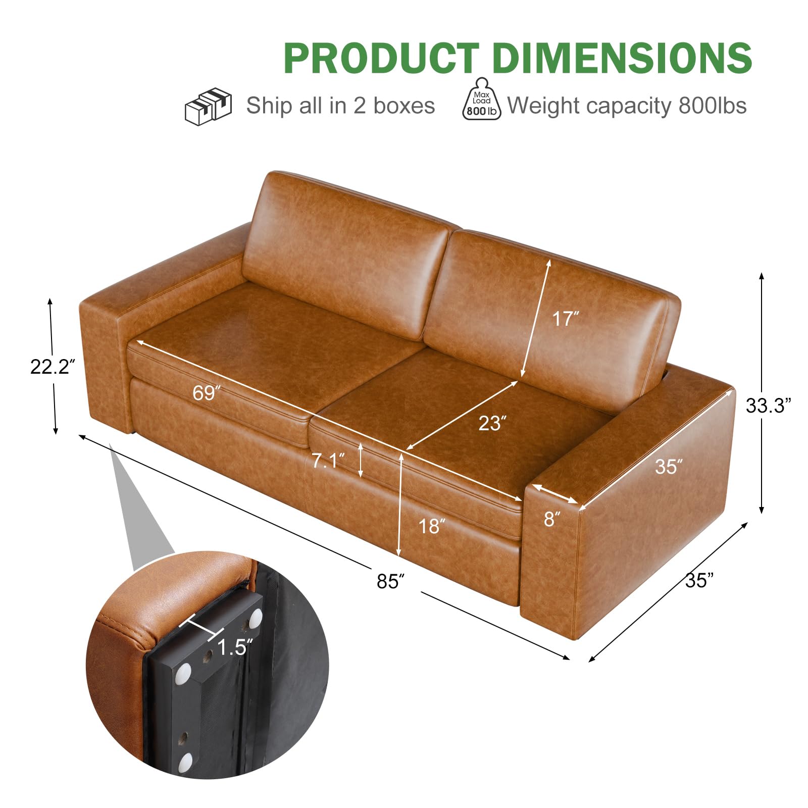 ELUCHANG 85" Faux Leather Sofa Couches, 3 Seater Mid-Century Modern Sofa with Extra Deep Seats,Upholstered Sofa Cushion&Removable Cover,Comfy Sofa Couch for Small Space Living Room Apartment,Brown