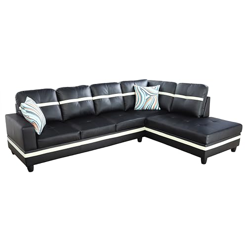 HOMVET PU L-Shaped Sofa Set with Right Chaise, Storage Ottoman,3 Piece Vegan Leather Sectional with 2 Toss Pillows,Square Arms,for Living Room/Apartment/Office,Black & White