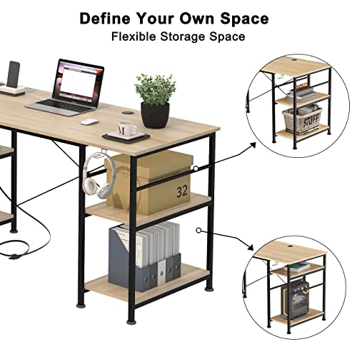 Tbfit L Shaped Desk with Storage Shelves,95.2 Inch Reversible Coner, Office Desk for Small Space,Large Computer Gaming Desk Workstation with Power Outlet,2 Person Long Writing Study Table(Oak)