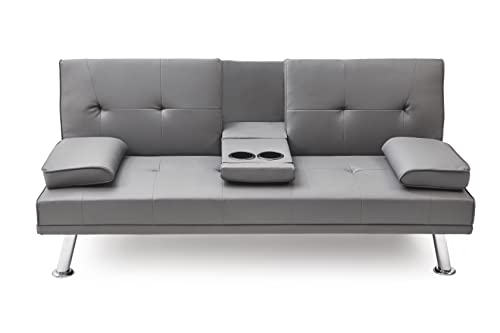 Eafurn Faxu Leather Convertible Sofa Bed with Cup Holders,Folding Futon Couch Recliner Sleeper Loveseat Reversible Daybed, Button Tufted Sofabed with Removable Pillow Top Armrests, Grey 67"