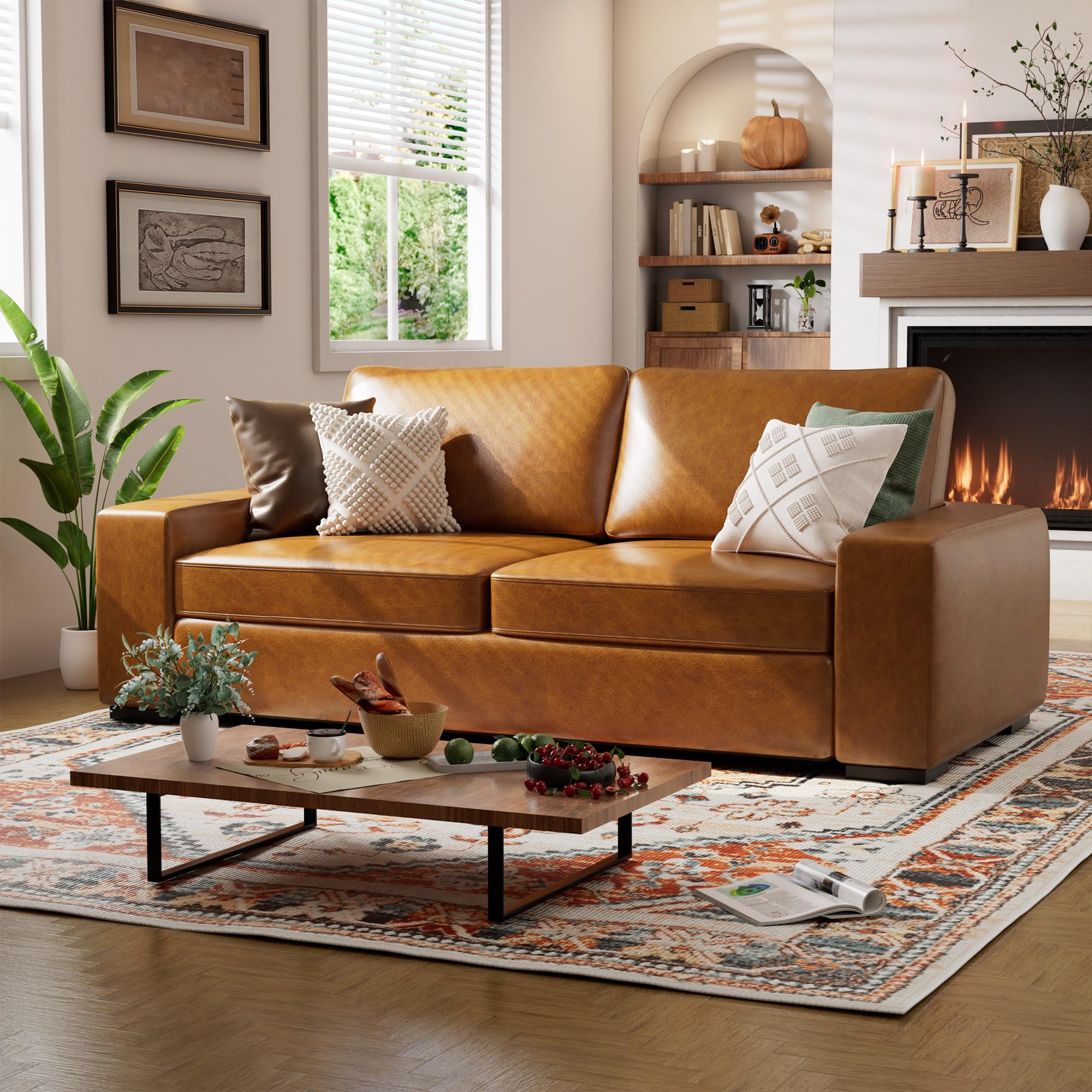 ELUCHANG 85" Faux Leather Sofa Couches, 3 Seater Mid-Century Modern Sofa with Extra Deep Seats,Upholstered Sofa Cushion&Removable Cover,Comfy Sofa Couch for Small Space Living Room Apartment,Brown