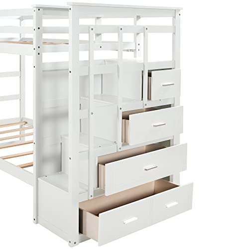 Bunk Bed Twin Over Twin, Bunk Bed with Trundle for Adults, Bunk Bed with Stairs and Storage, Kids Twin Bunk with Drawers(White)