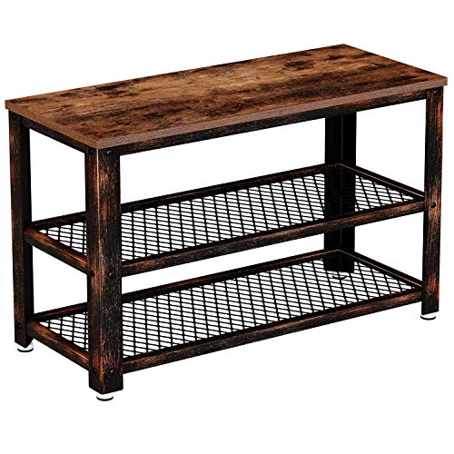 Rolanstar Shoe Bench, 3-Tier Shoe Rack, 28.7” Storage Entry Bench with Mesh Shelves Wood Seat, Rustic Foyer Bench for Hallway Front Door, Doorway, Living Room, Mudroom, Steel Frame, Rustic Brown