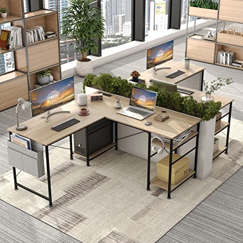 Tbfit L Shaped Desk with Storage Shelves,95.2 Inch Reversible Coner, Office Desk for Small Space,Large Computer Gaming Desk Workstation with Power Outlet,2 Person Long Writing Study Table(Oak)