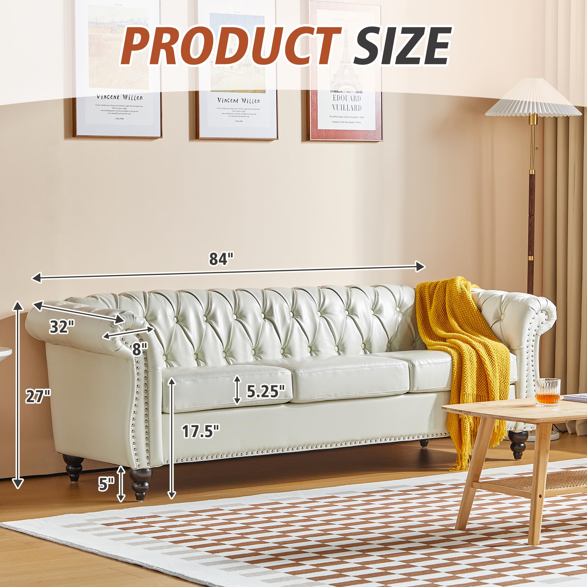 3 Piece Living Room Set, Chesterfield Faux Leather Sofa Loveseat Couch Chair with Scroll Arms and Nailhead for Living Room, Office (White)