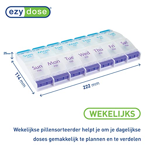 EZY DOSE Push Button (7-Day) Pill, Medicine, Vitamin Organizer | Weekly, 2 Times a Day, AM/PM | Large Compartments | Arthritis Friendly | Clear Lids