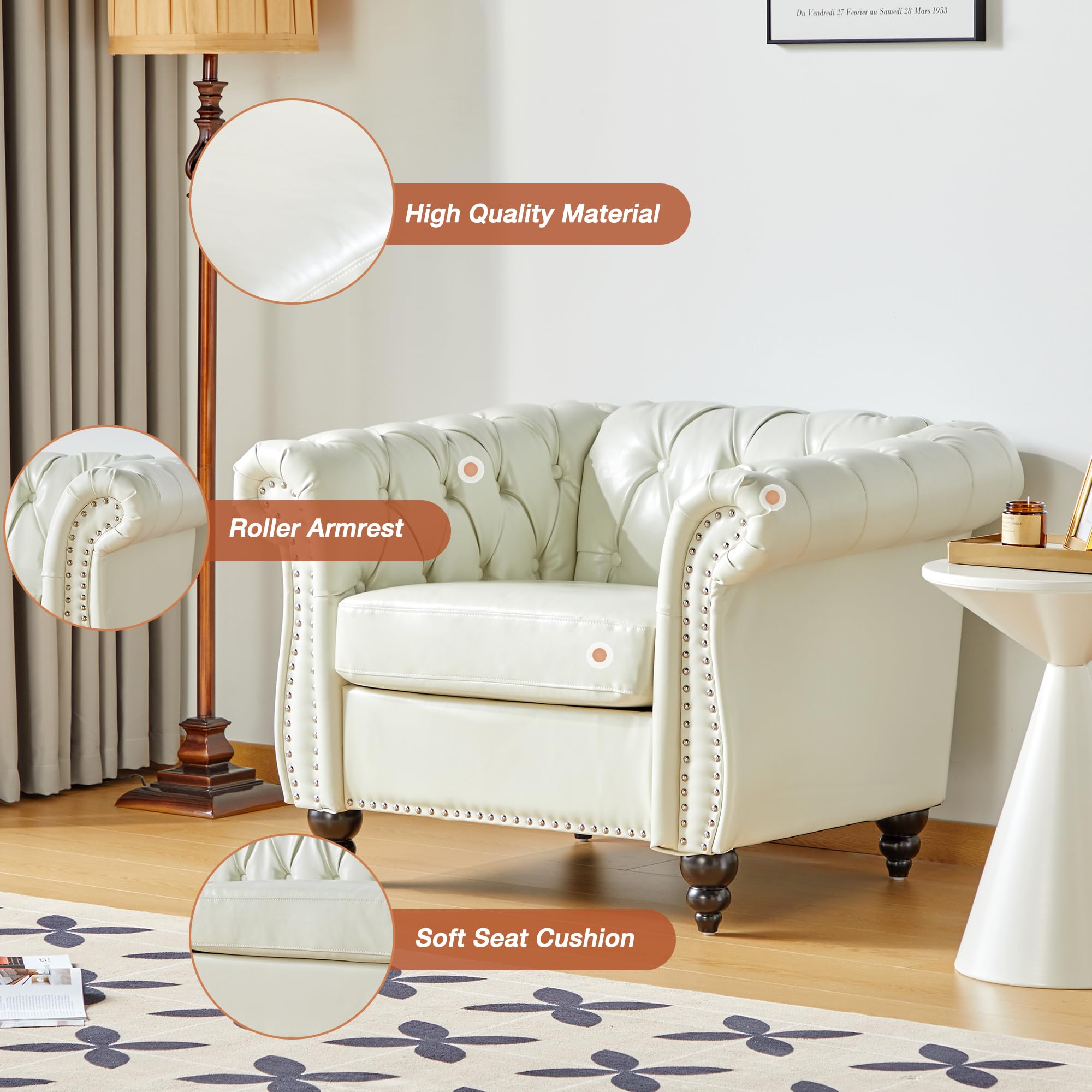 3 Piece Living Room Set, Chesterfield Faux Leather Sofa Loveseat Couch Chair with Scroll Arms and Nailhead for Living Room, Office (White)