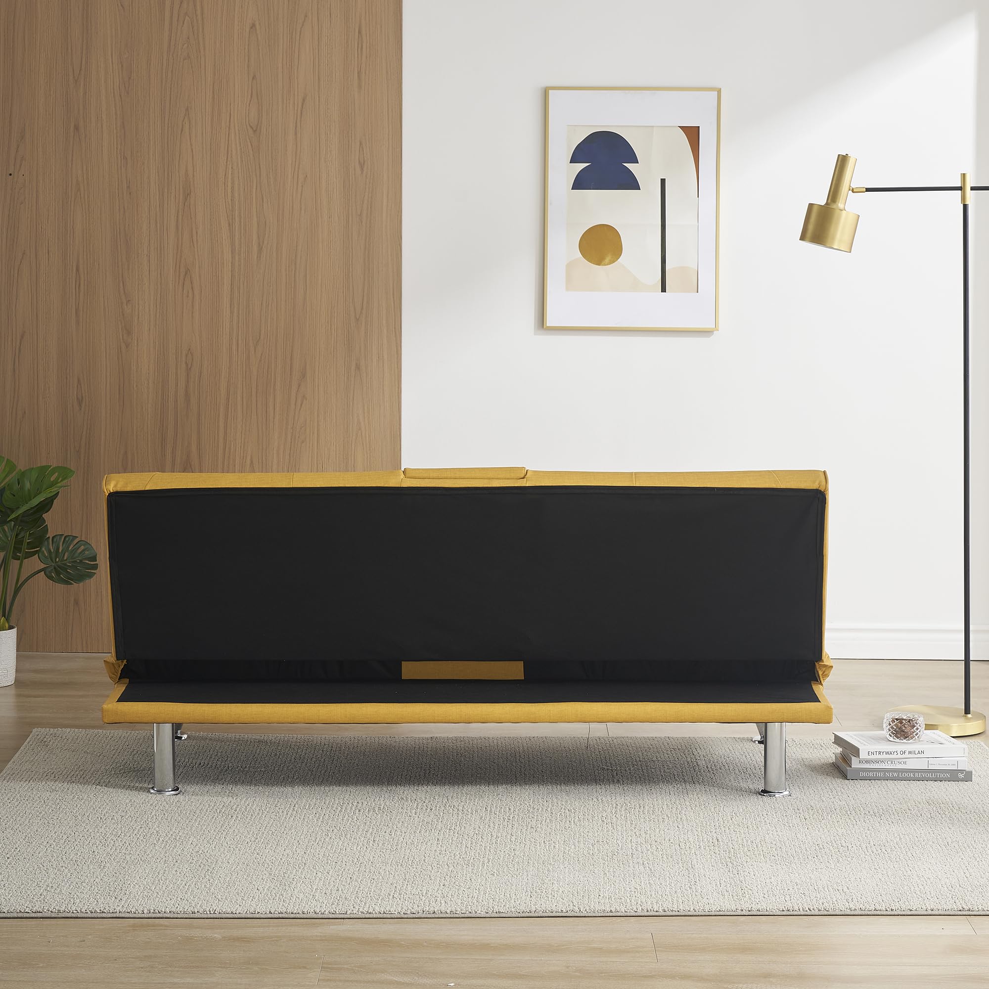 Anwickhomk 67" Multifunctional Double Folding Sofa Bed with 2 Cup holders,Leather Couch Loveseat Sleeper with Removable Armrests,Convertible Folding Couches Bed for Office Small Spaces (Yellow)