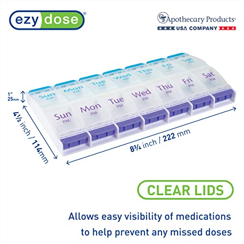 EZY DOSE Push Button (7-Day) Pill, Medicine, Vitamin Organizer | Weekly, 2 Times a Day, AM/PM | Large Compartments | Arthritis Friendly | Clear Lids