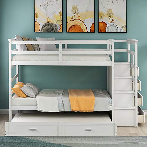 Bunk Bed Twin Over Twin, Bunk Bed with Trundle for Adults, Bunk Bed with Stairs and Storage, Kids Twin Bunk with Drawers(White)