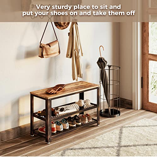 Rolanstar Shoe Bench, 3-Tier Shoe Rack, 28.7” Storage Entry Bench with Mesh Shelves Wood Seat, Rustic Foyer Bench for Hallway Front Door, Doorway, Living Room, Mudroom, Steel Frame, Rustic Brown