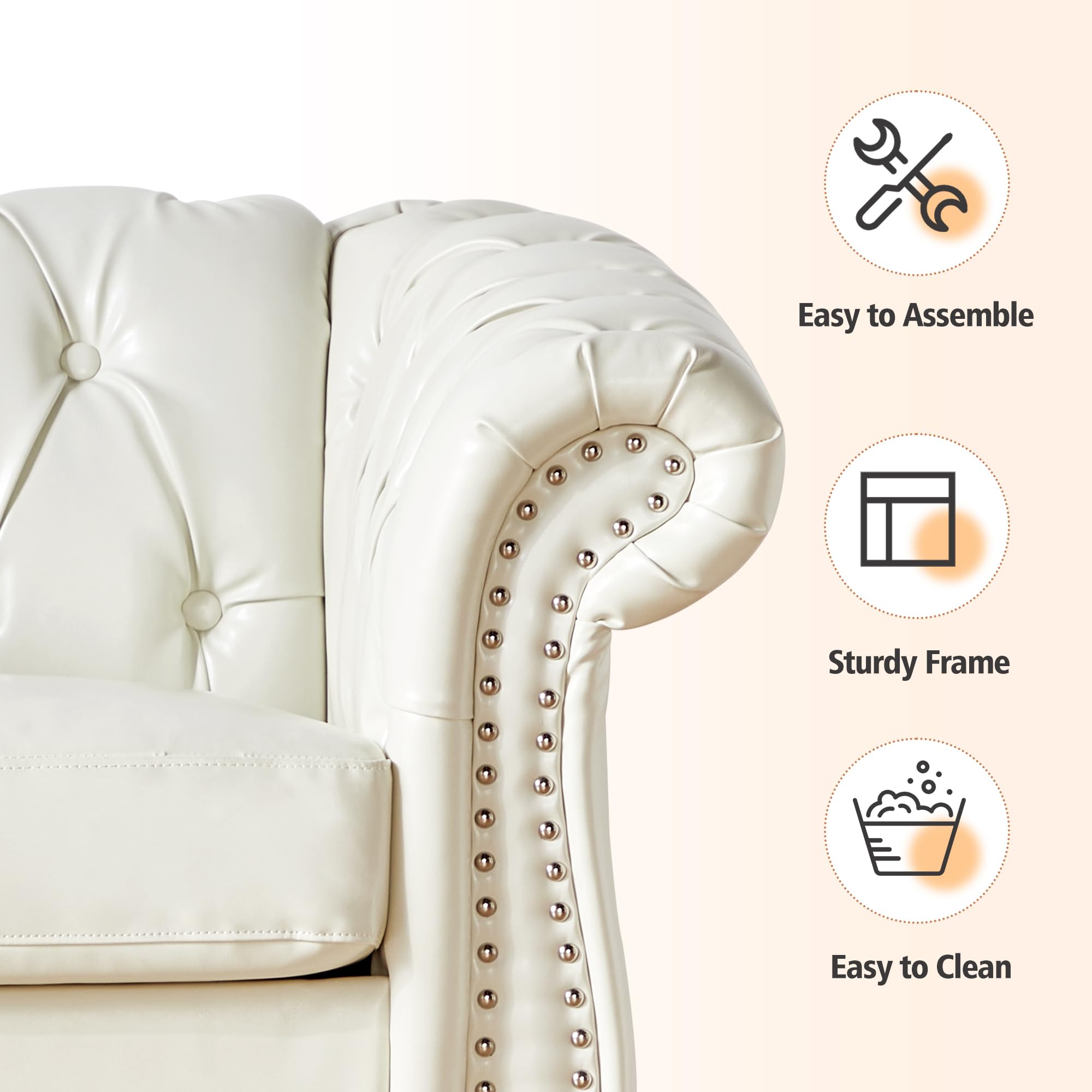 3 Piece Living Room Set, Chesterfield Faux Leather Sofa Loveseat Couch Chair with Scroll Arms and Nailhead for Living Room, Office (White)