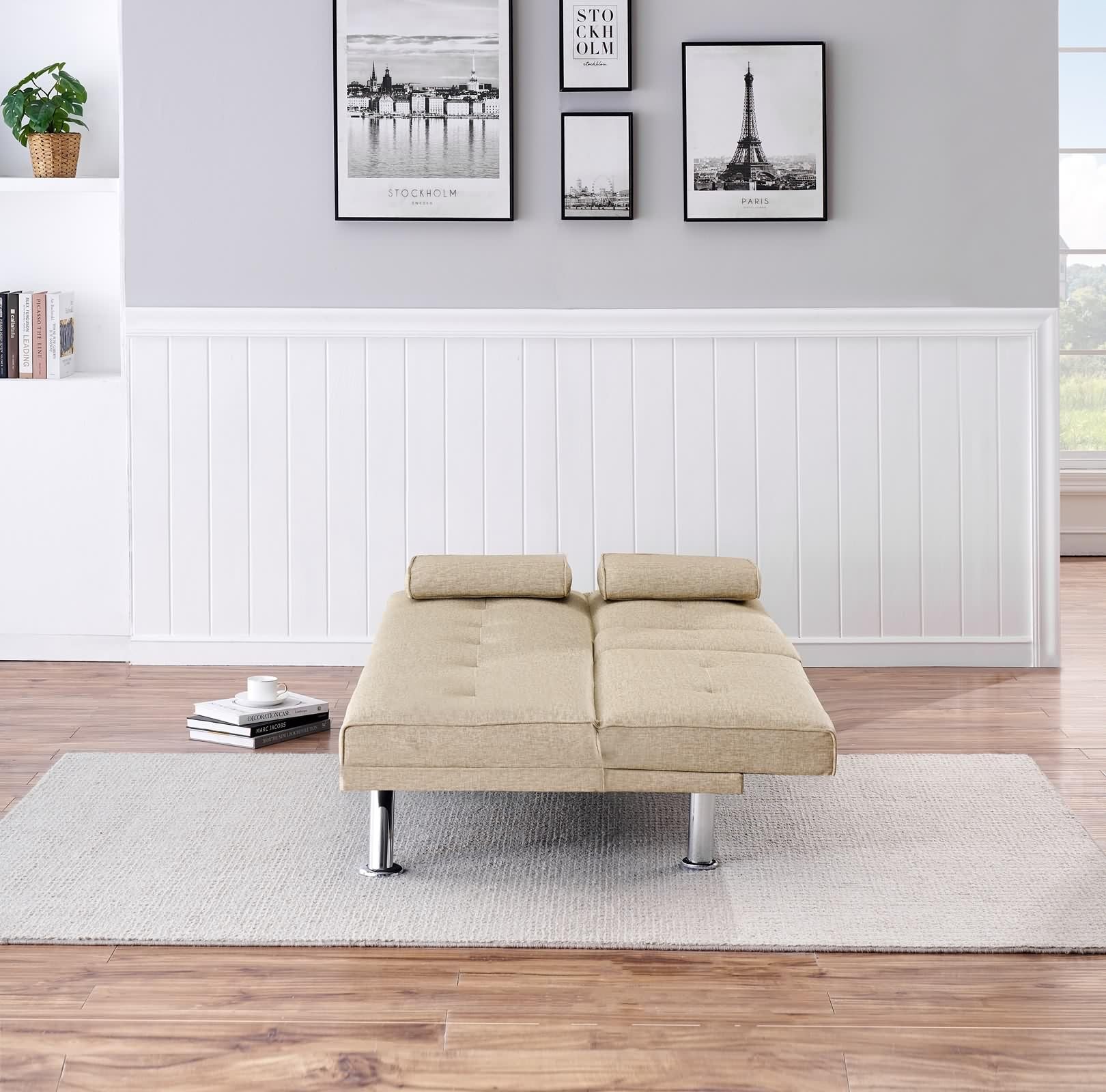 Daesar 67" Beige Leather Multifunctional Double Folding Sofa Bed for Office with Coffee Table