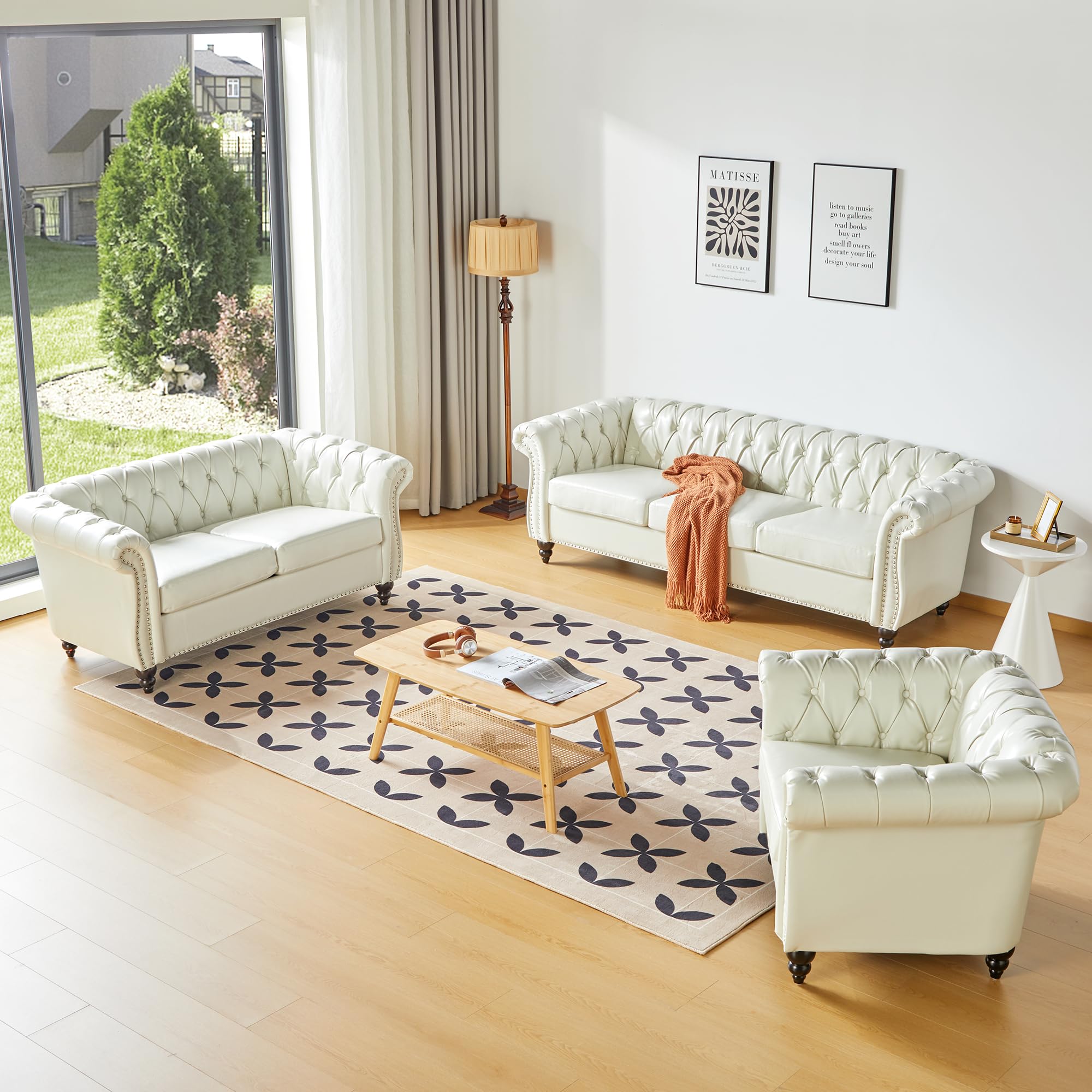 3 Piece Living Room Set, Chesterfield Faux Leather Sofa Loveseat Couch Chair with Scroll Arms and Nailhead for Living Room, Office (White)