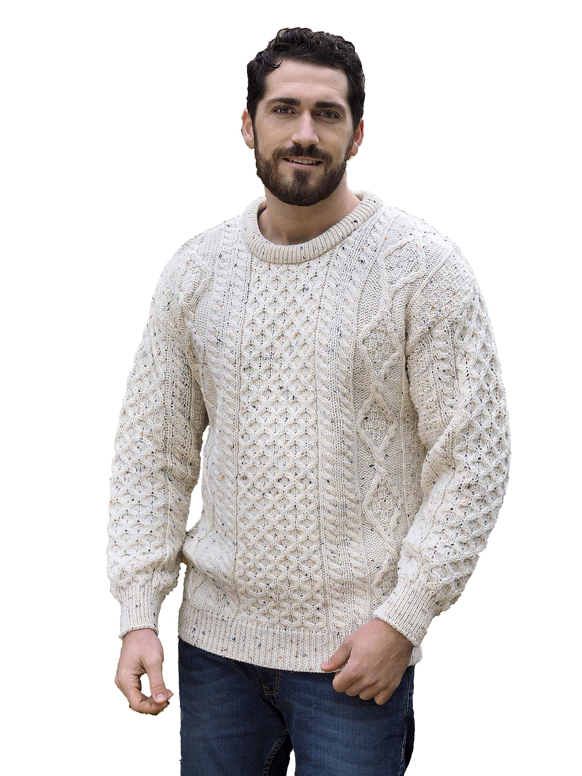 Aran Crafts Irish Soft Cable Knitted Wool Crew Neck Unisex Sweater (C1347-LARGE-FLK)