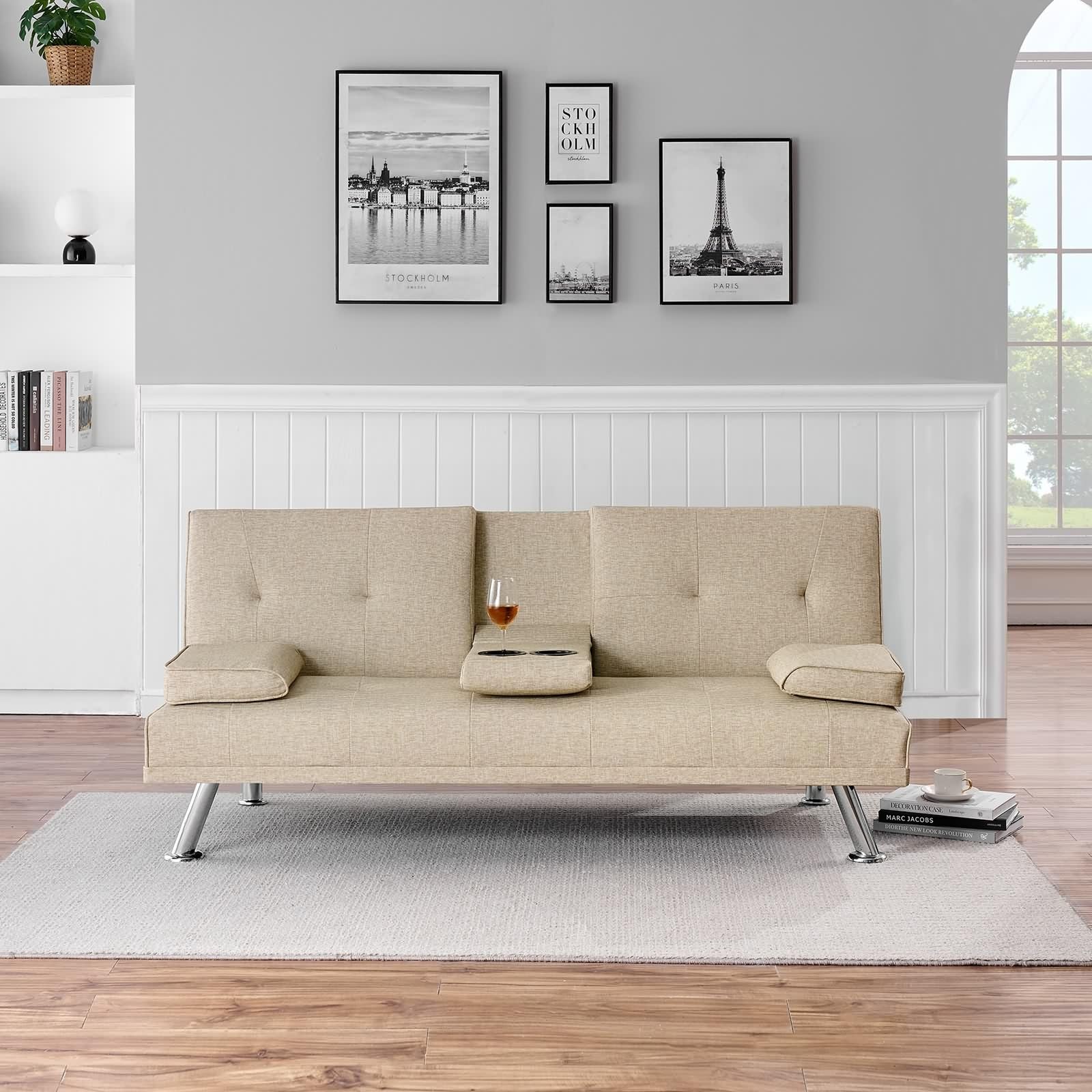 Daesar 67" Beige Leather Multifunctional Double Folding Sofa Bed for Office with Coffee Table