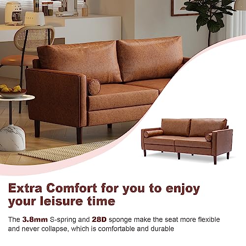 DIFY 77” Mid-Century Modern Loveseat Couch, Leather Faux Sofa with Two Upholstered Cushions, Comfortable Couch with Wooden Frame and 3 Seater, for Living Room, Bedroom, Office(Brown)