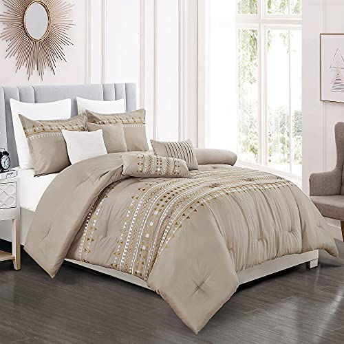 Bedding Haus Luxury 7-Piece Full/Queen Comforter Set with Shams Cushions, Taupe Khaki Elegant Bright Modern Pattern, Bed Cover Bed in a Bag, 22152, F/Q, Pisces
