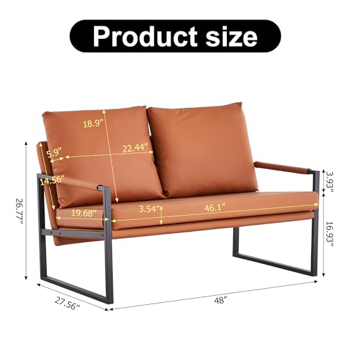 RIGHTPARTS Modern Two-Seater Sofa Chair, Living Room Sofa with 2 Pillows,PU Leather Sofa Bed, High-Density Foam, Black Coated Metal Frame,Brown