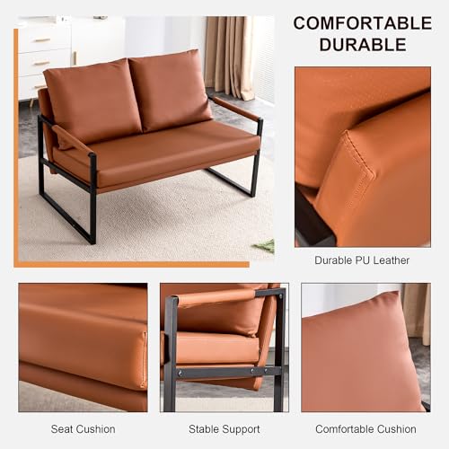 RIGHTPARTS Modern Two-Seater Sofa Chair, Living Room Sofa with 2 Pillows,PU Leather Sofa Bed, High-Density Foam, Black Coated Metal Frame,Brown