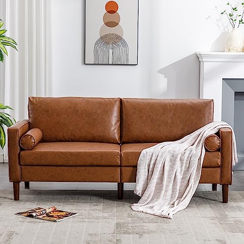 DIFY 77” Mid-Century Modern Loveseat Couch, Leather Faux Sofa with Two Upholstered Cushions, Comfortable Couch with Wooden Frame and 3 Seater, for Living Room, Bedroom, Office(Brown)