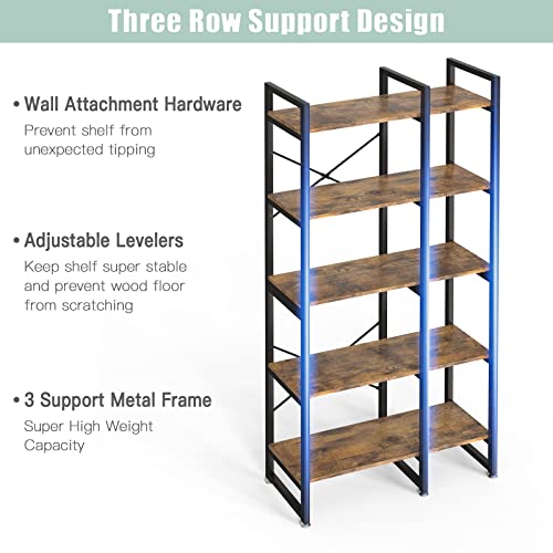 Easyzon 5 Tier Bookshelf and Bookcase, Rustic Industrial Bookshelf, Large Etagere Bookshelf Open Display Shleves with Metal Frame for Living Room Bedroom Home Office