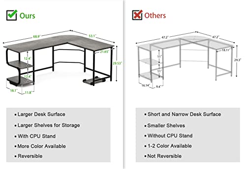 Teraves Reversible L Shaped Desk with Shelves 69“ Corner Computer Desk Gaming Desk Workstation for Home Office